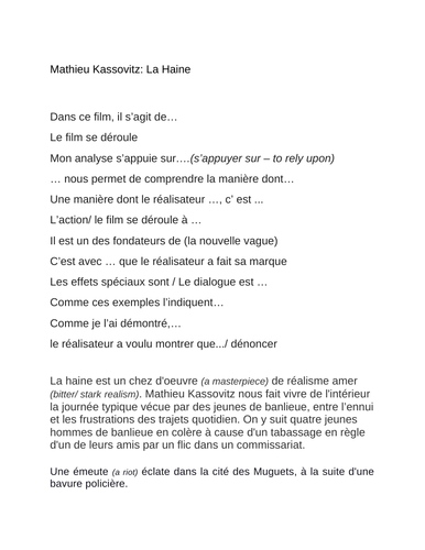 A LEVEL FRENCH revising for an essay on the film "La Haine" | Teaching ...