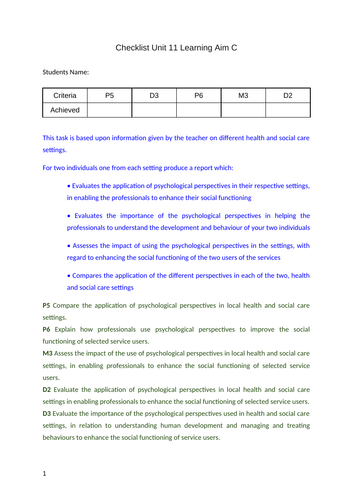 Checklist: Unit 11 Learning Aim C Level 3 BTEC Health and Social Care ...