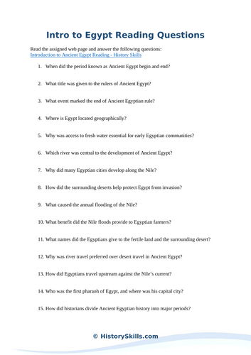 Intro to Egypt Reading Questions Worksheet | Teaching Resources