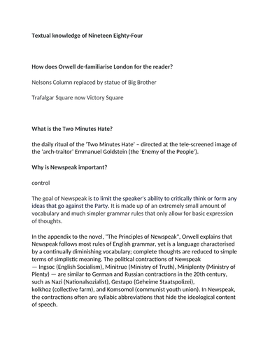 Revision Aid Nineteen Eighty-Four A LEVEL ENGLISH LITERATURE -questions ...