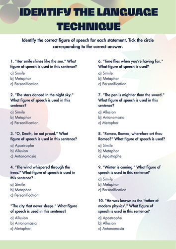 Identifying language techniques worksheet | Teaching Resources Identifying language techniques worksheet | Teaching Resources