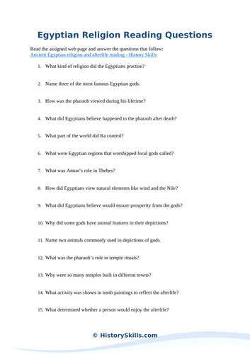 Egyptian Religion Reading Questions Worksheet | Teaching Resources