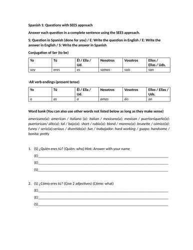 Spanish 1 Basic questions with translation practice | Teaching Resources