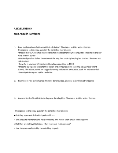 Jean Anouilh : Antigone: A LEVEL FRENCH a bank of essay questions ...