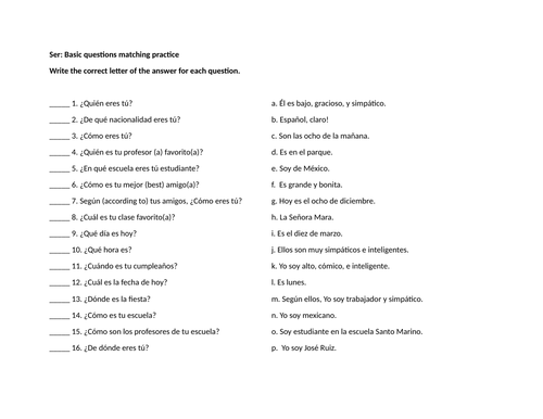 Ser: Basic questions matching practice | Teaching Resources
