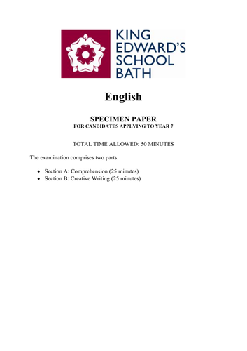 King Edward's School 11+ English mock exam | Teaching Resources