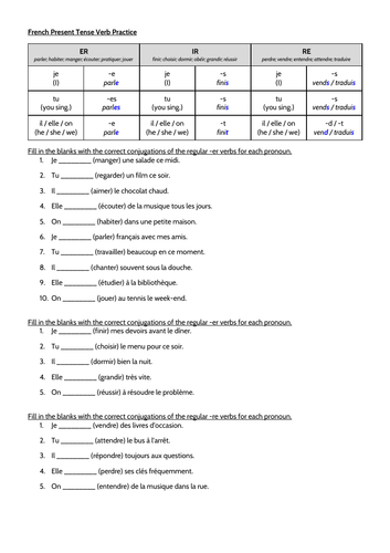 Present tense verbs worksheet French | Teaching Resources
