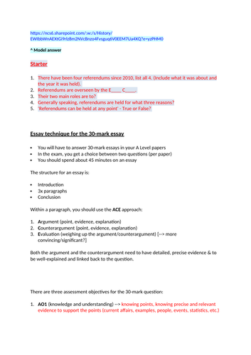 30 mark essay technique - Government and Politics | Teaching Resources