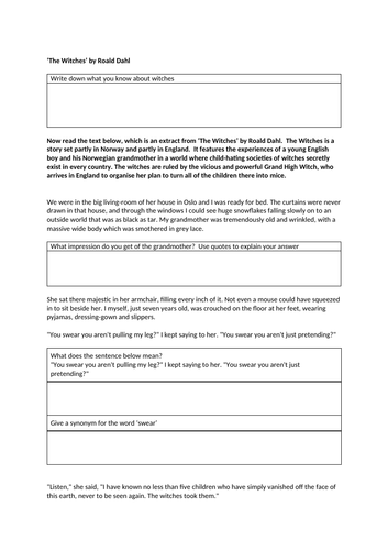 The Witches Roald Dahl Comprehension and Original Writing KS3 ...