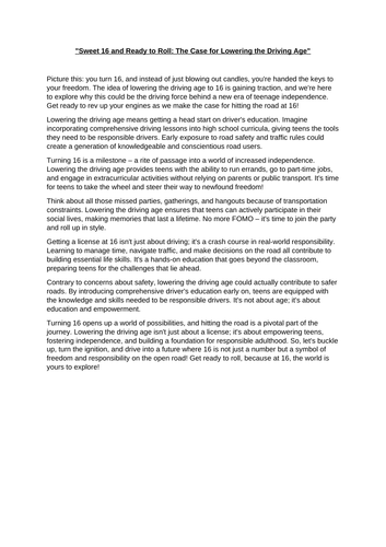Writing an article on the driving age being changed to 16 | Teaching ...
