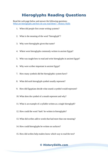 Ancient Egyptian Hieroglyphs Reading Questions Worksheet | Teaching ...