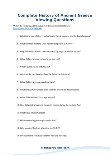 History of Ancient Greece Video Viewing Questions Worksheet | Teaching ...