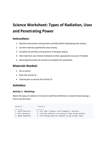 Science Worksheet: Types of Radiation, Uses and Penetrating Power ...