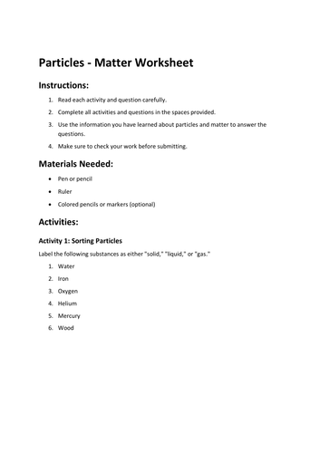 Particles - Matter Worksheet | Teaching Resources