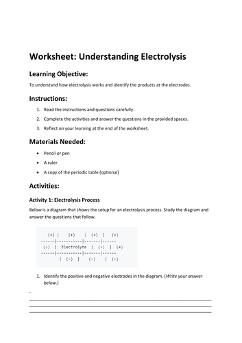 Worksheet: Understanding Electrolysis | Teaching Resources