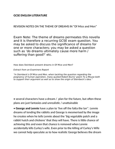 Revision Notes on the theme of Dreams in Of Mice and Men GCSE English ...