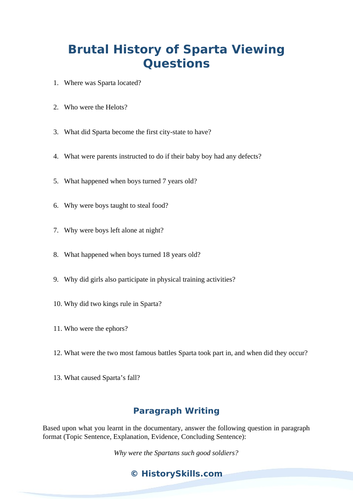 History of Ancient Sparta Video Viewing Questions Worksheet | Teaching ...