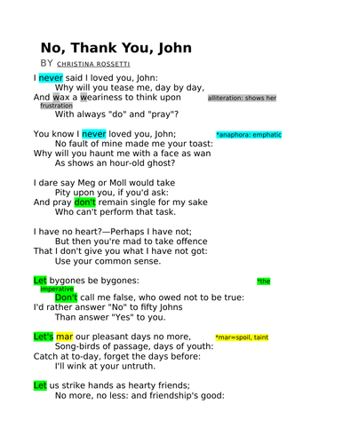 Christina Rossetti "No Thank You, John " poetry analysis A LEVEL ...