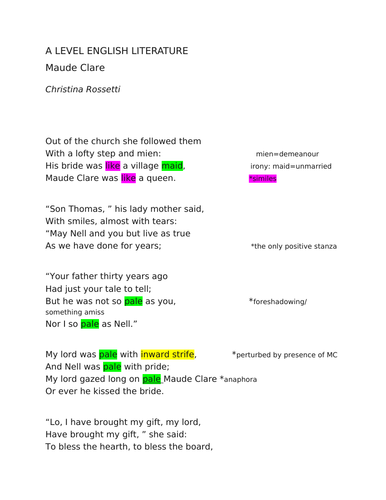 Maude Clare Analysis: Christina Rossetti poetry A LEVEL ENGLISH ...
