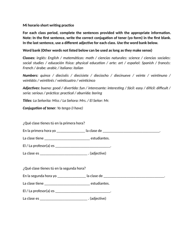Mi horario short writing practice | Teaching Resources