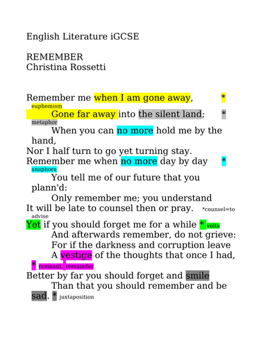 OCR ENGLISH LITERATURE A LEVEL "REMEMBER" by Christina Rossetti poetry ...