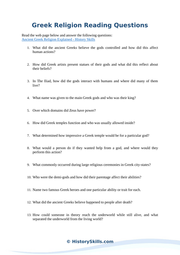 Ancient Greek Religion Reading Questions Worksheet | Teaching Resources
