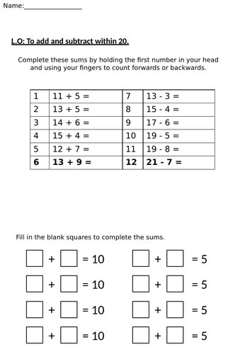 addition and subtraction to 20 | Teaching Resources