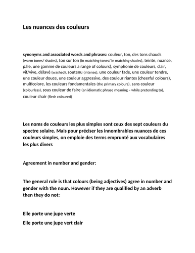 A LEVEL FRENCH expanding vocabulary: the nuances of colours | Teaching ...