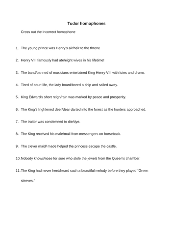 Tudor Homophones differentiated worksheet | Teaching Resources