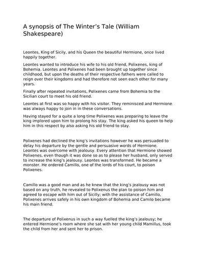 A full synopsis of Shakespeare's THE WINTERS TALE | Teaching Resources