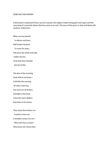 Lord Byron "When We Two Parted" GCSE English Literature revision sheet ...
