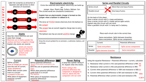 KS3 Electricity Activate 2 P1 Revision Mat & Answers | Teaching Resources