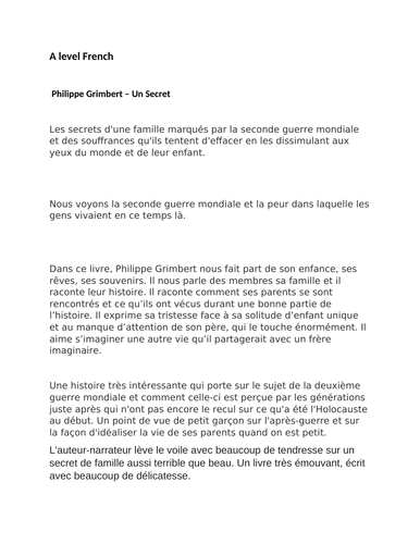 Revise "Un Secret" A LEVEL FRENCH : a bank of essay questions ...