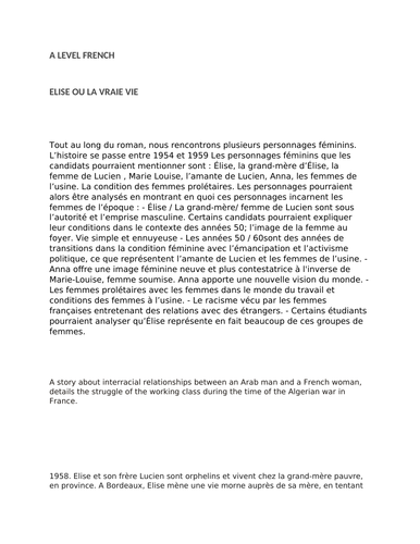 Elise Ou La Vraie Vie: MOCK EXAM REVISION NOTES including exam ...