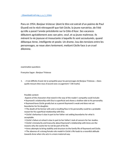 Bonjour Tristesse: MOCK EXAM REVISION: A LEVEL FRENCH | Teaching Resources