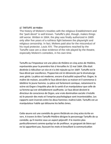 A LEVEL FRENCH: Moliere's Le Tartuffe: a bank of essay questions ...