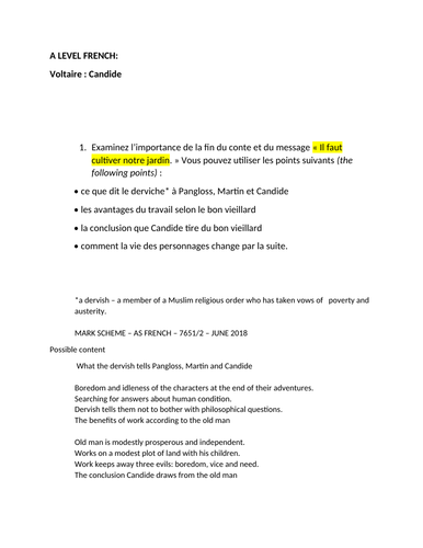 Voltaire:Candide : A LEVEL FRENCH REVISION | Teaching Resources