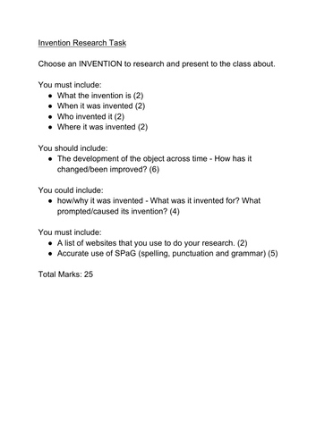 Invention Research Task with criteria and marks | Teaching Resources