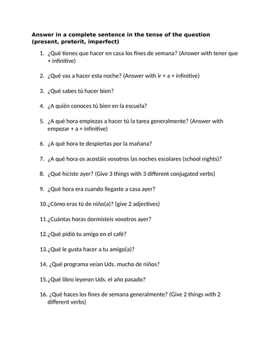 Present, Preterit, Imperfect personal questions review practice ...