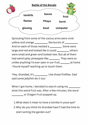 The Boy Who Grew Dragons - Chapter 1 Cloze Passage (Battle of the ...