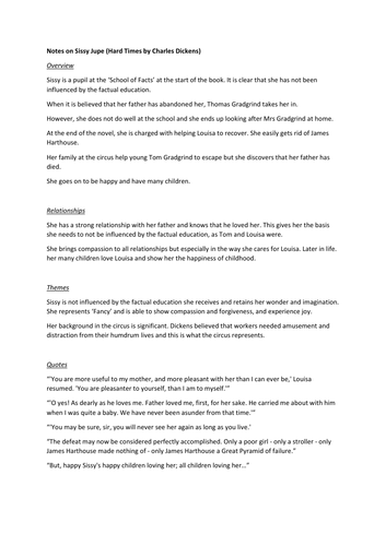 Notes on Sissy Jupe and James Harthouse from Hard Times by Charles ...