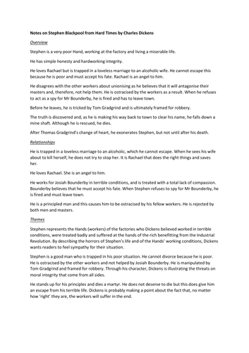 Notes on Stephen Blackpool from Hard Times by Charles Dickens ...