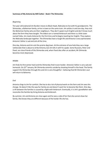 Summary of My Antonia by Will Cather - Book I The Shimerdas | Teaching ...
