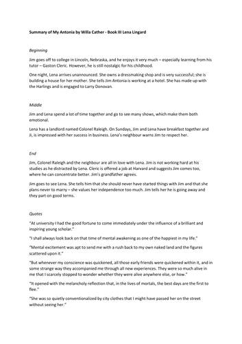 Summary of My Antonia by Will Cather - Book III Lena Lingard | Teaching ...