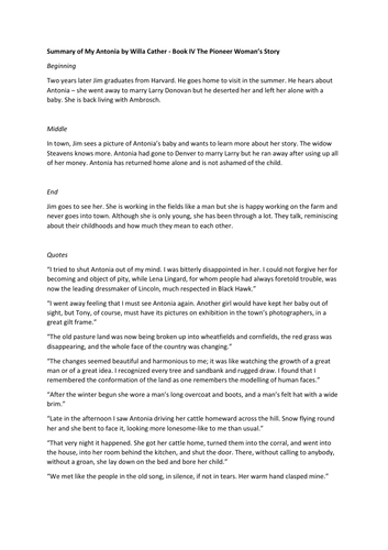 Summary of My Antonia by Will Cather - Book IV The Pioneer Woman's ...