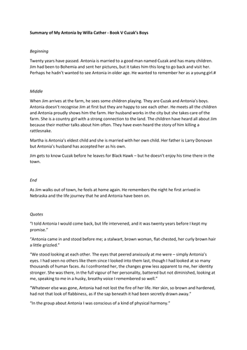 Summary of My Antonia by Will Cather - Book V Cuzak's Boys | Teaching ...