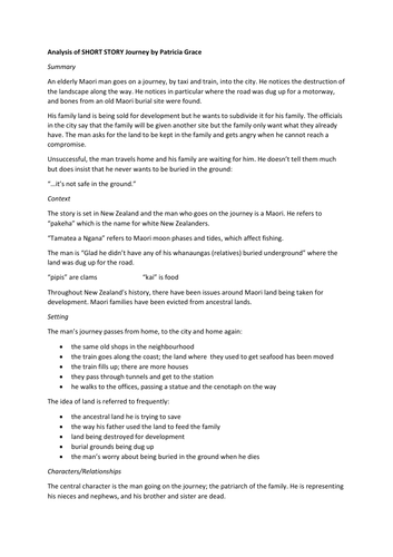 Analysis of SHORT STORY Journey by Patricia Grace | Teaching Resources