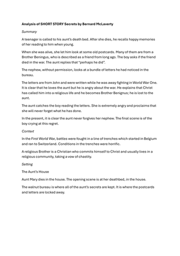 Analysis of SHORT STORY Secrets by Bernard McLaverty | Teaching Resources