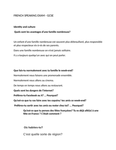 French GCSE Speaking exam - questions with suggested answers | Teaching ... French GCSE Speaking exam - questions with suggested answers | Teaching ...