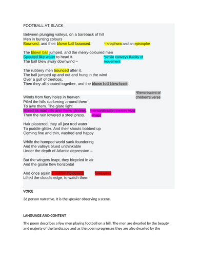 GCSE English Literature Ted Hughes anthology "Football at Slack ...